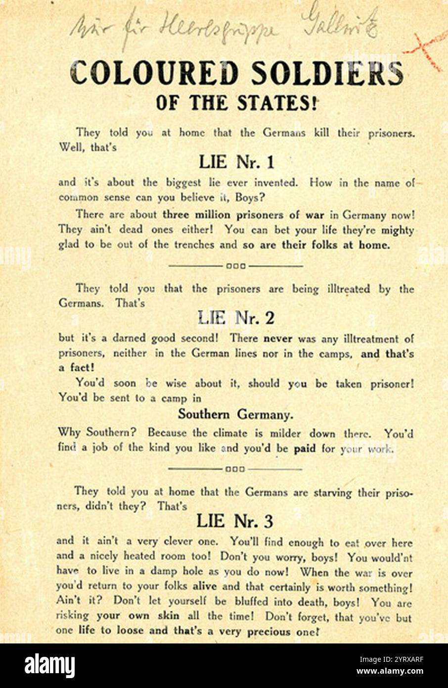 Coloured soldiers of the States - German propaganda leaflet Stock Photo ...