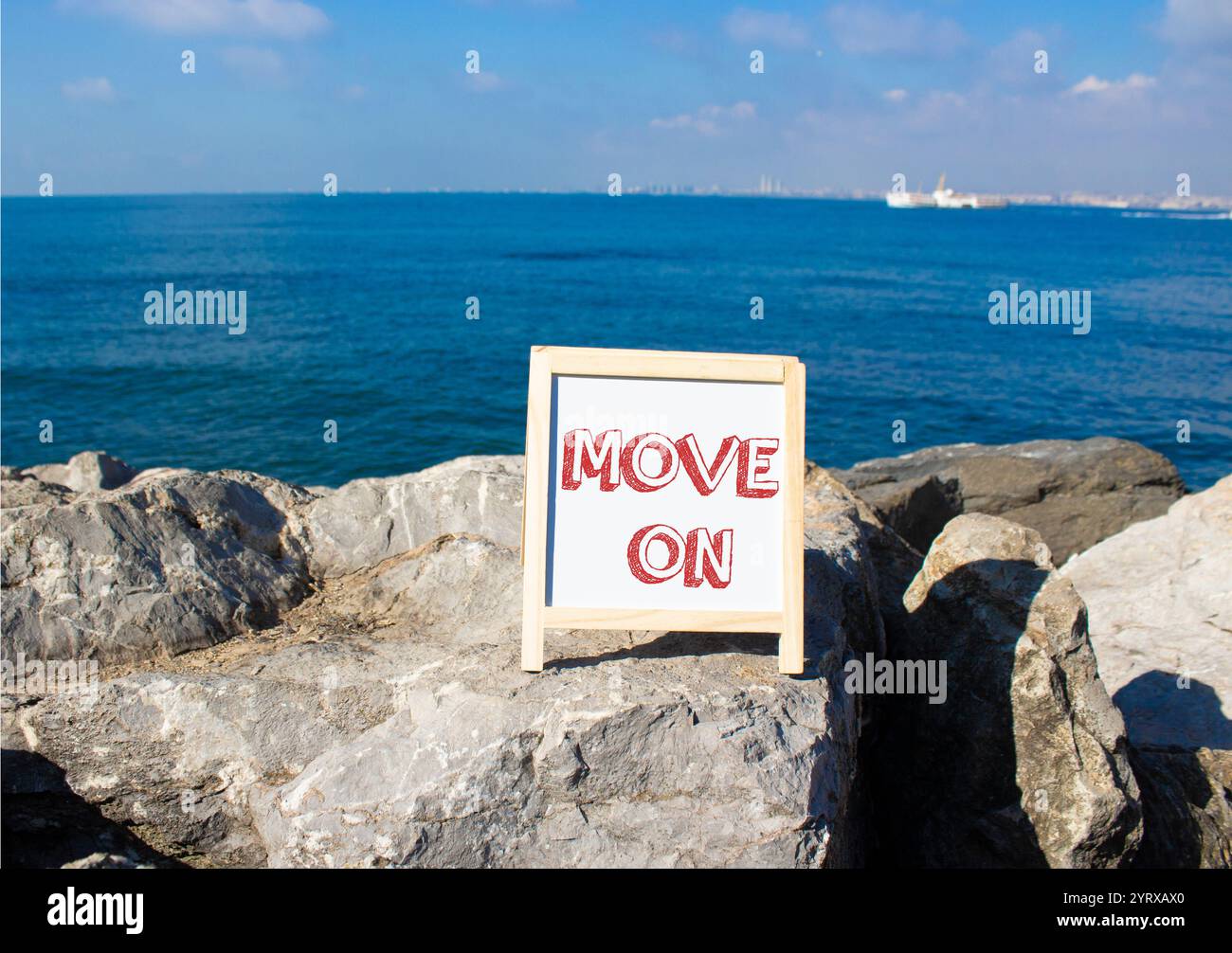 Move on symbol. White chalk background with words Move on on. Beautiful ...