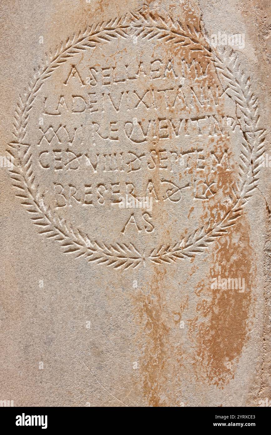 Ancient latin text detail. Roman museum in Merida, Caceres. Spain Stock ...