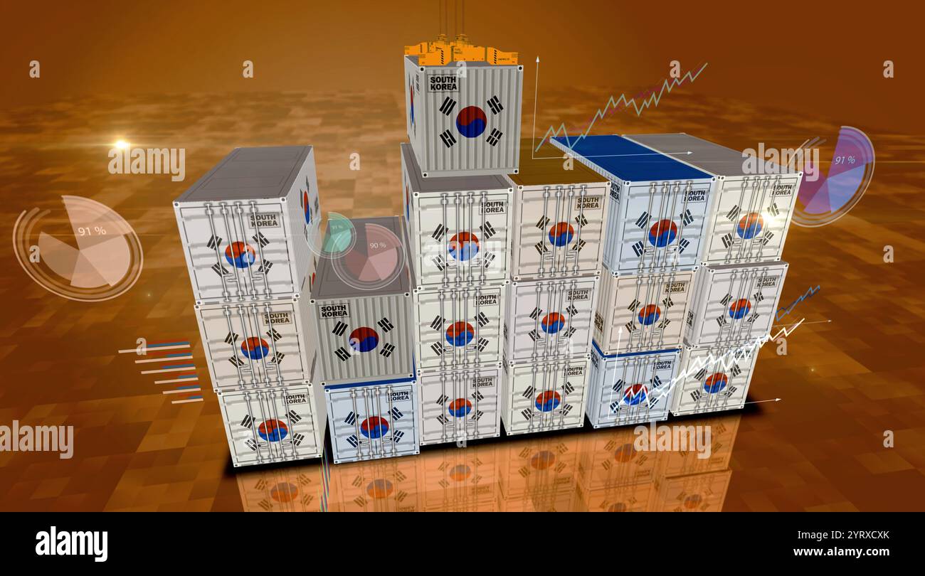 South Korea export production and import cargo containers on charts and ...