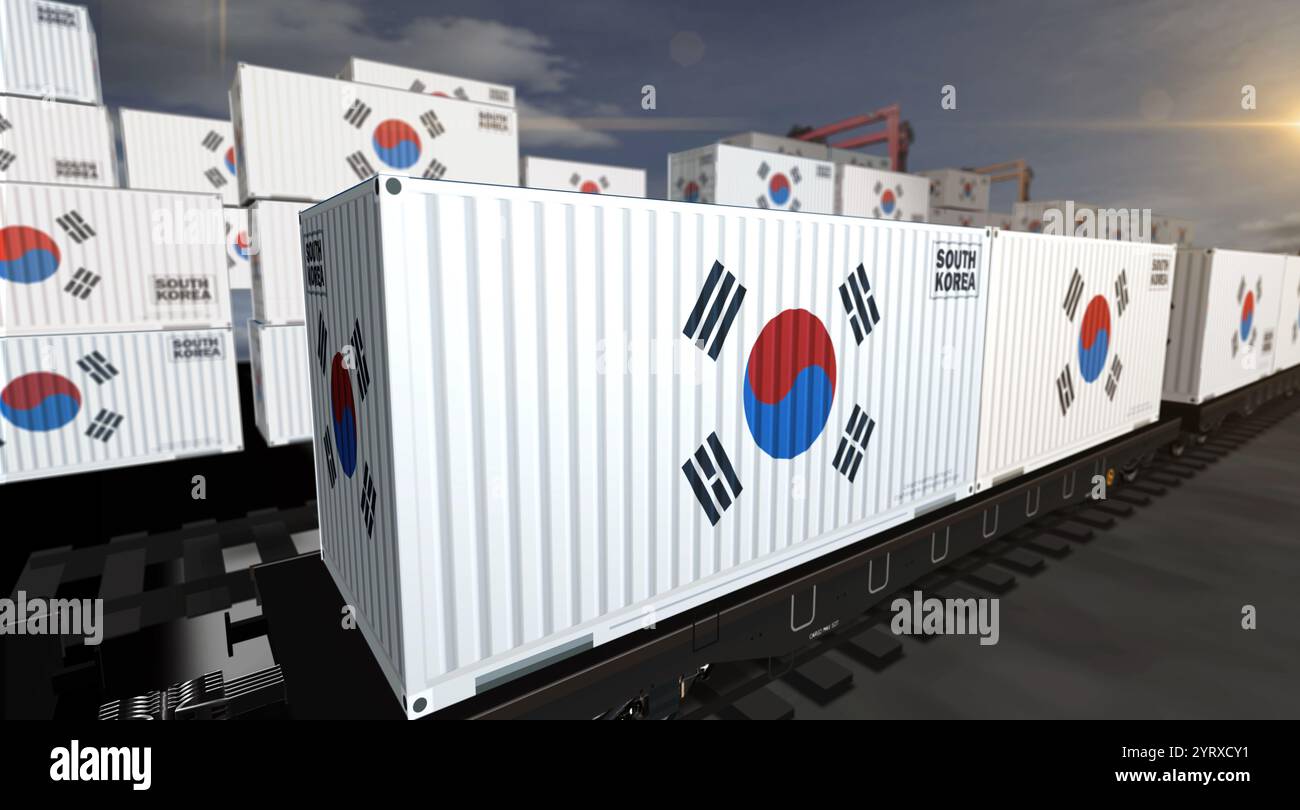 South Korea export production and import containers on a freight wagons ...