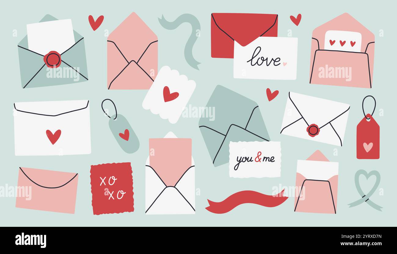 Valentines day envelope set. Romantic open and close envelopes with postcards, letters, hearts ...