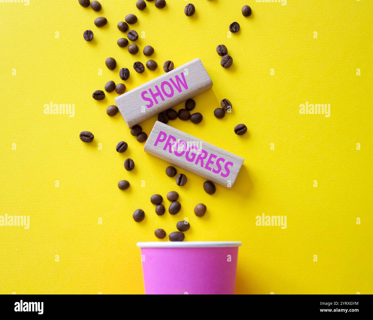 Progress symbol. Wooden blocks with words Show progress. Beautiful ...