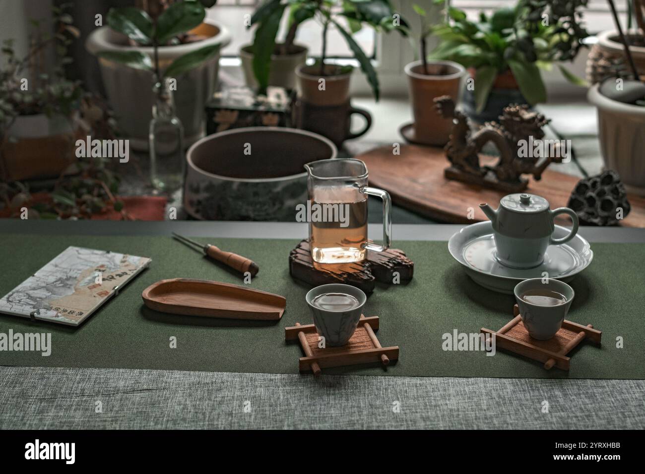 A lovely tea ceremony setup enhanced by cozy indoor plants for a warm ...