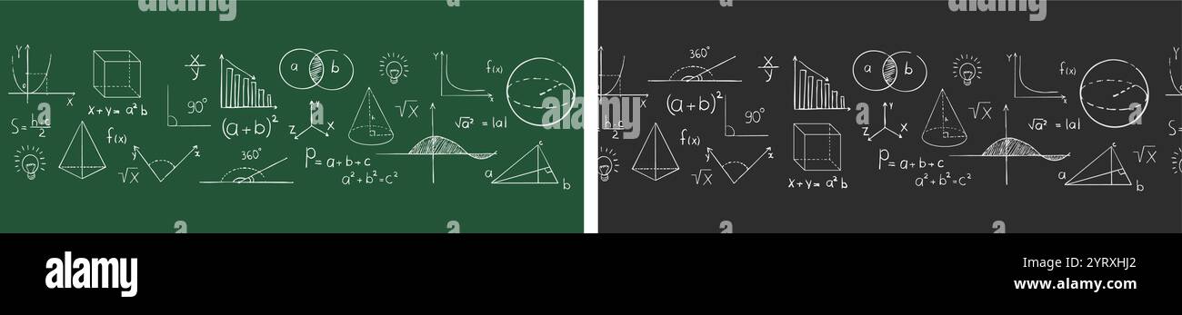 Math doodle hand drawn border, with formula, geometric shapes, chalk ...