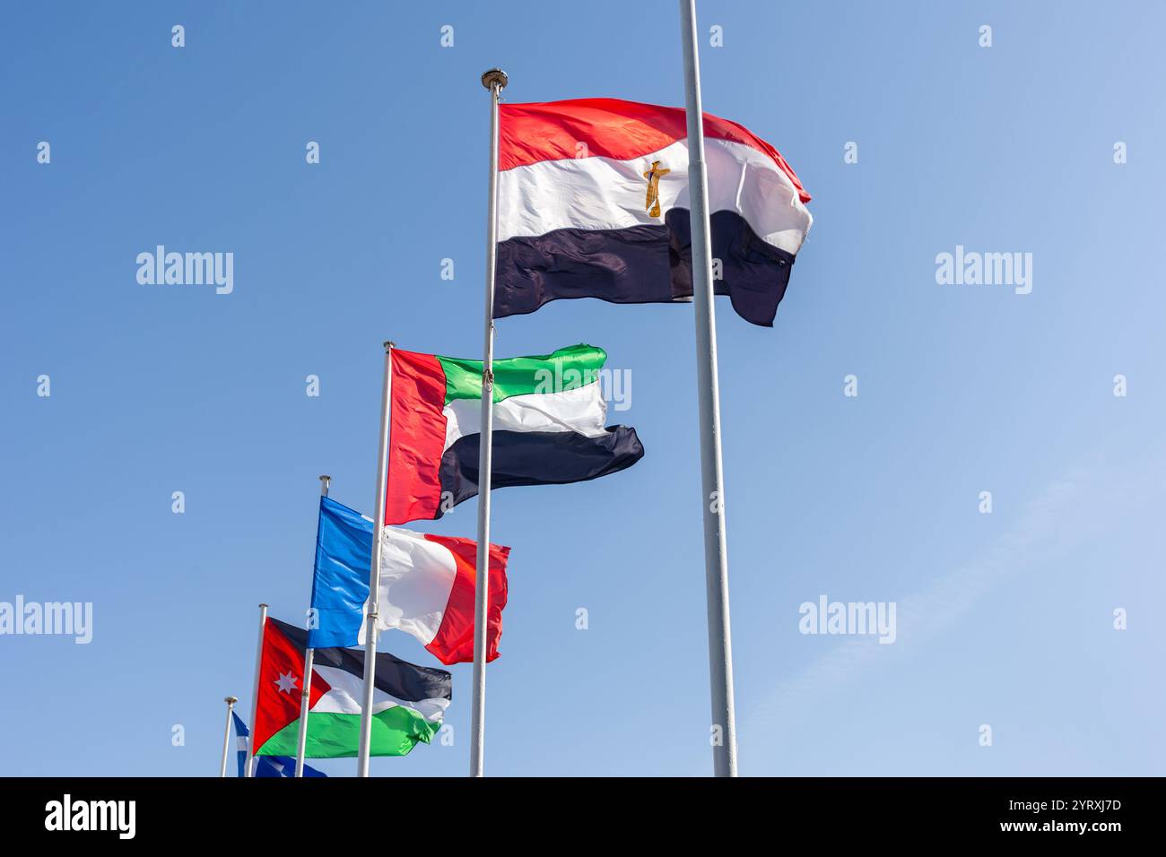 Egypt, United Arab Emirates, France, and Jordan flags waving together ...