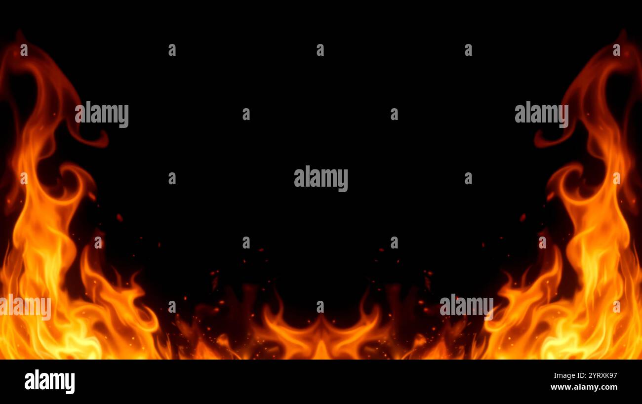 Burning flame background overlay with glowing fire edges, hot orange red light, realistic ...