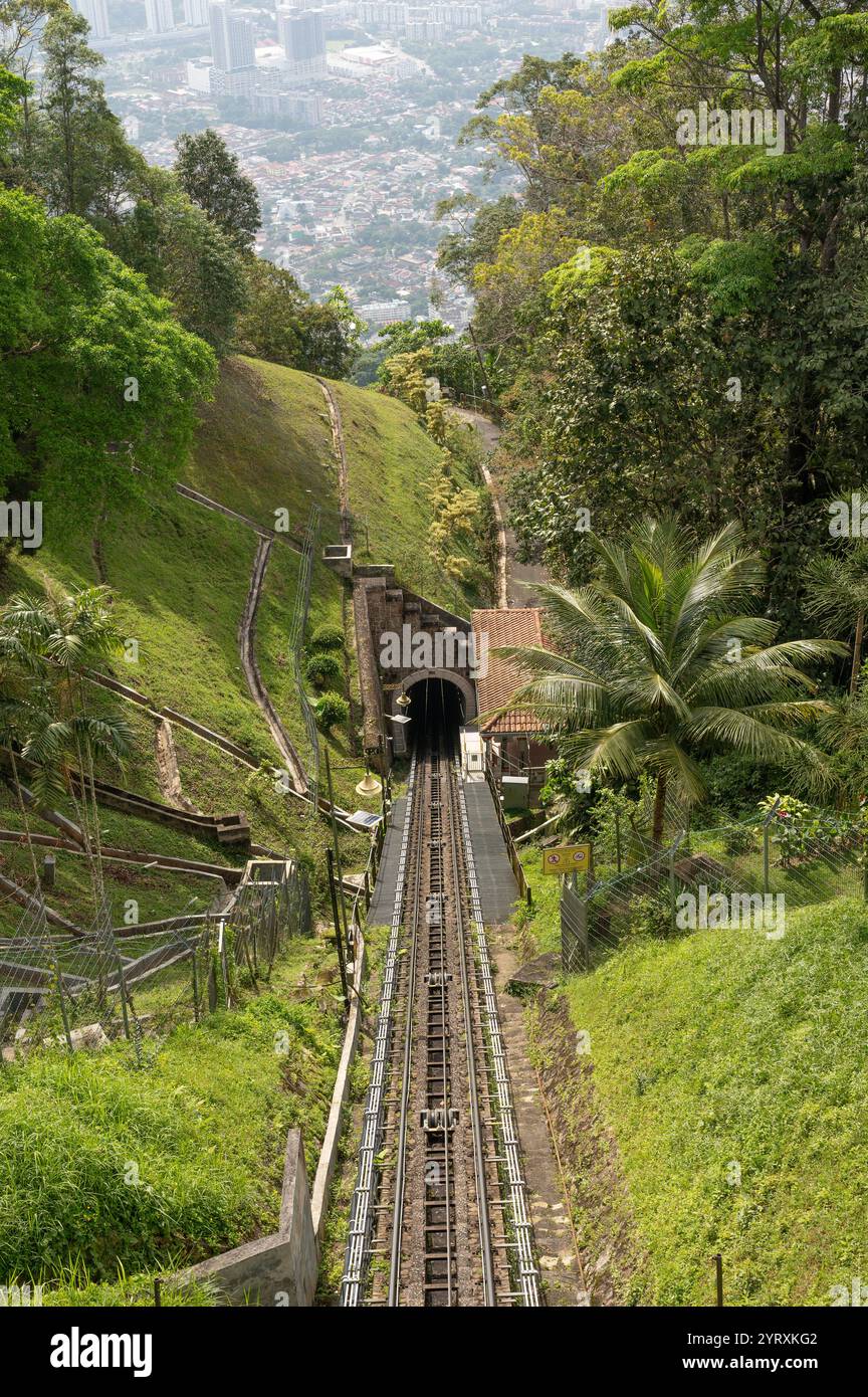 Funicular railway on Penang Hill in Malaysia, traveling through lush ...