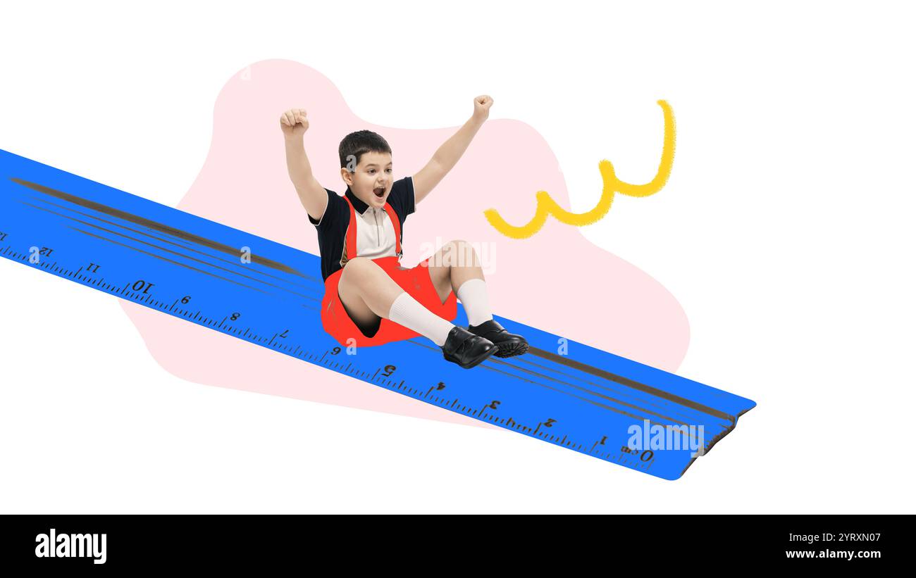 Contemporary art collage. Excited boy sliding down giant blue ruler ...