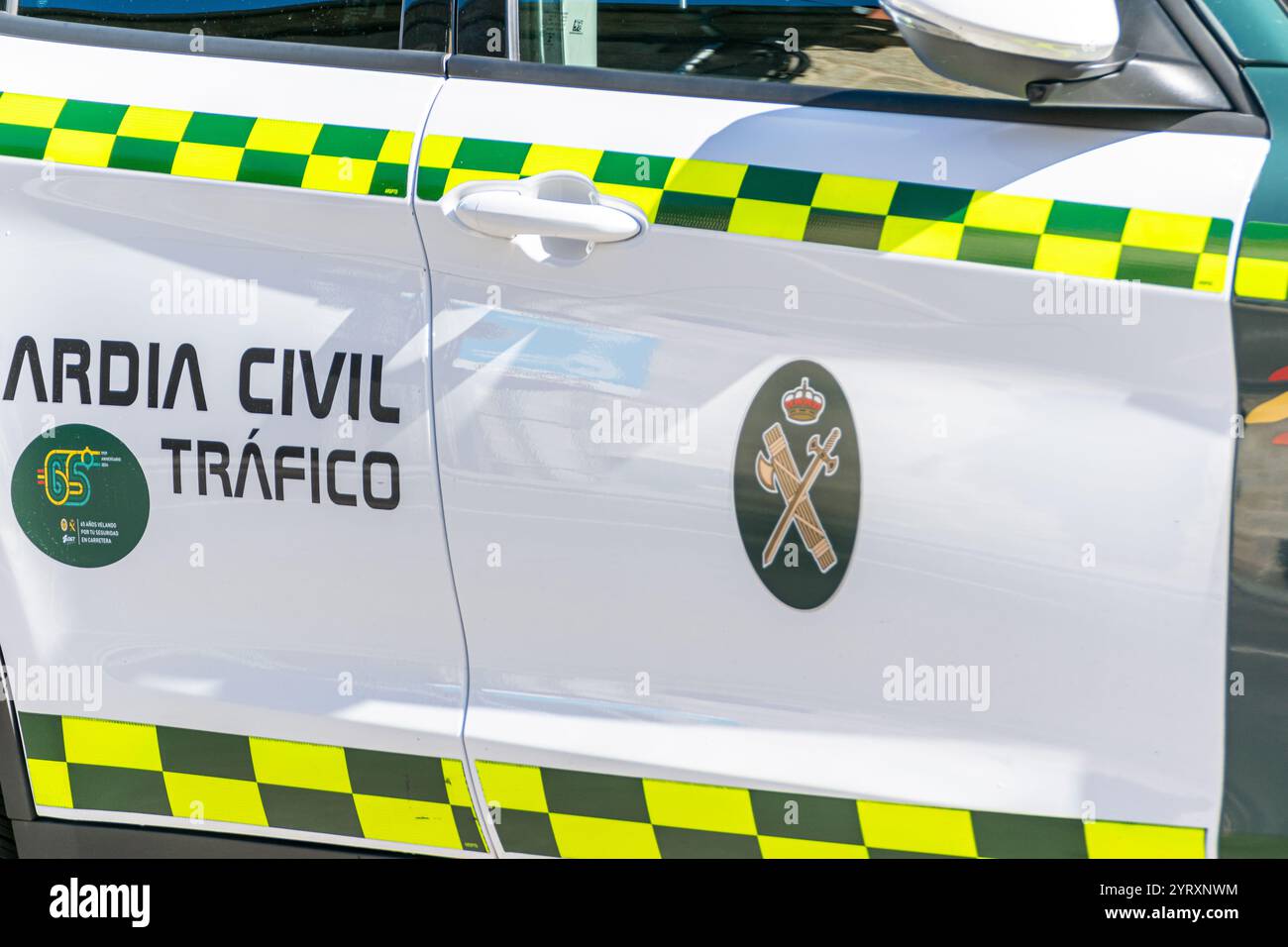 door of a vehicle of the Civil Guard agents of traffic in Madrid police ...