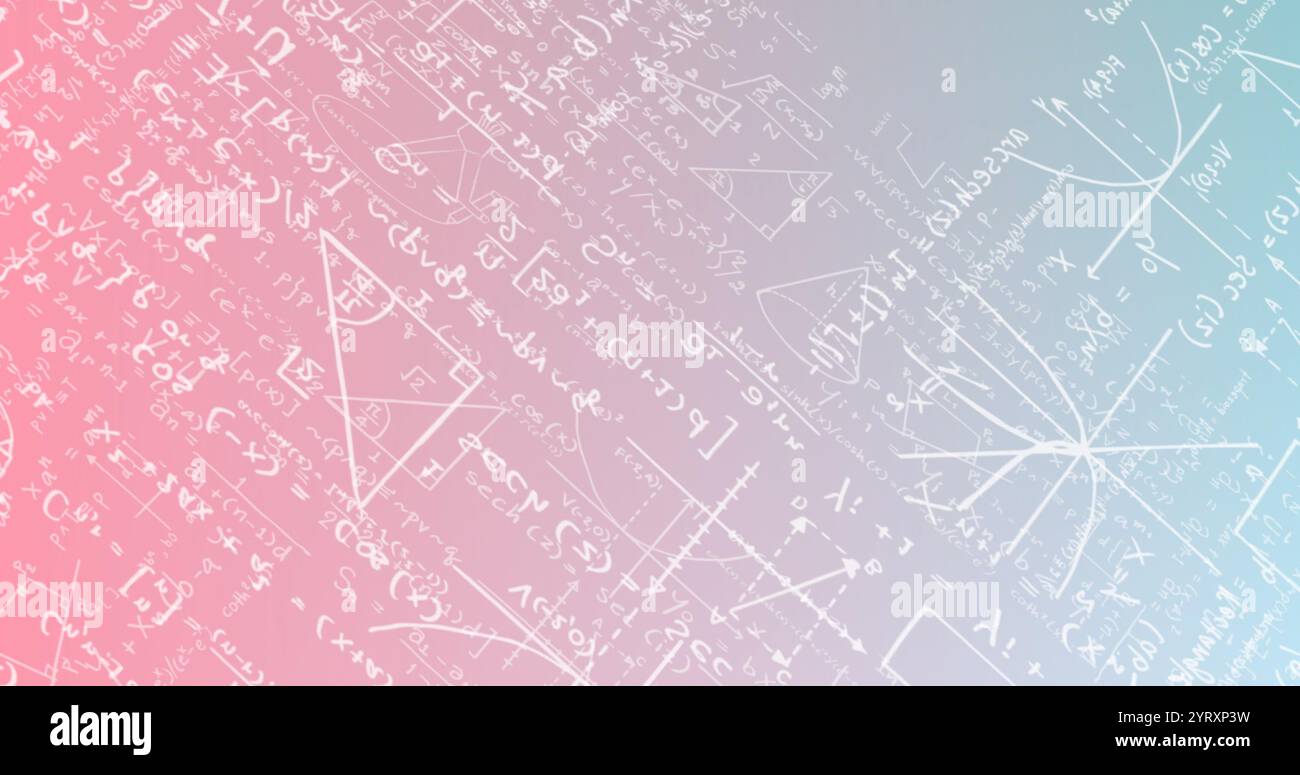 Image of layers of mathematical equations over pink and blue background ...