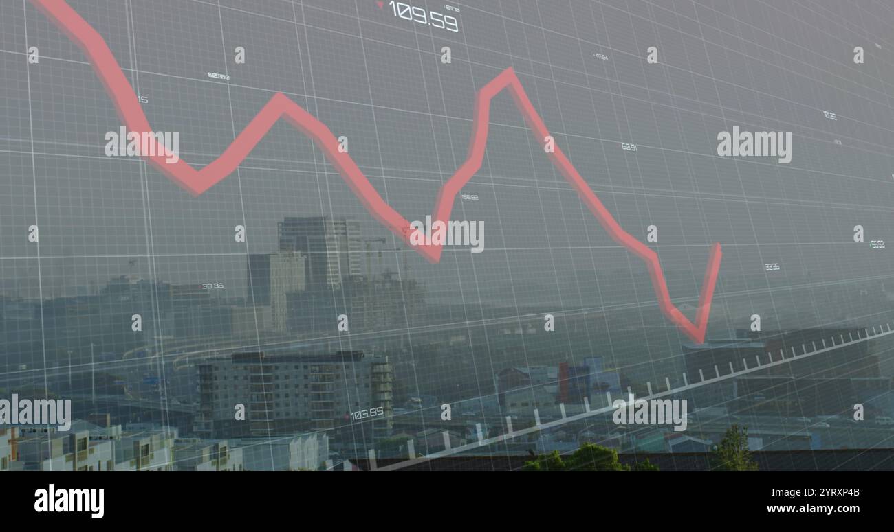 Image of red graphs processing data over misty cityscape Stock Photo ...