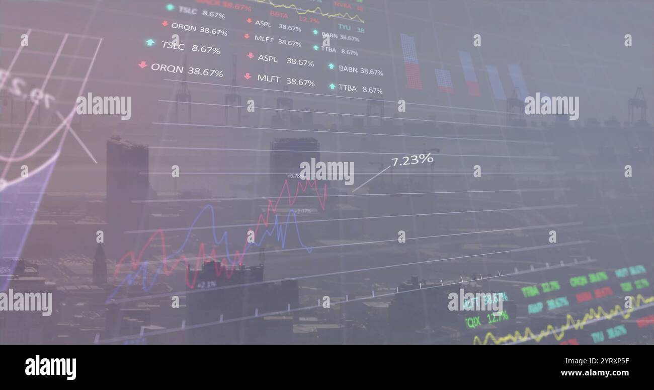 Image of charts and graphs processing data over misty cityscape. Data ...