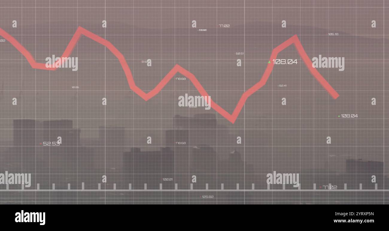 Image of red graph processing data over misty cityscape Stock Photo - Alamy