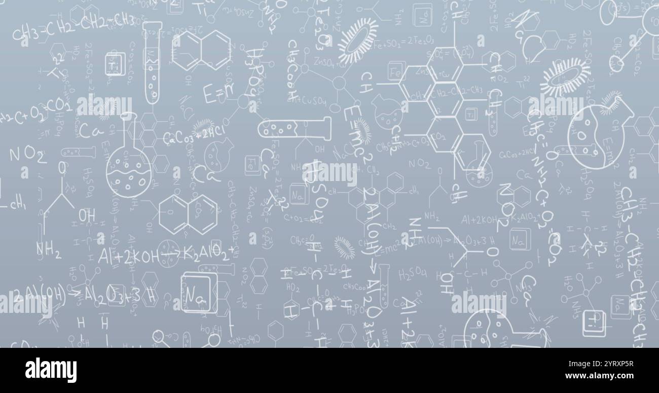Image of science icons and mathematical equations over grey background ...