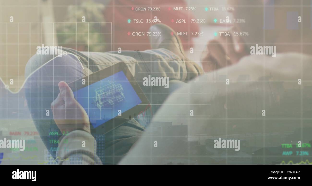 Image Of Charts Processing Data Over Caucasian Man Using Tablet Data