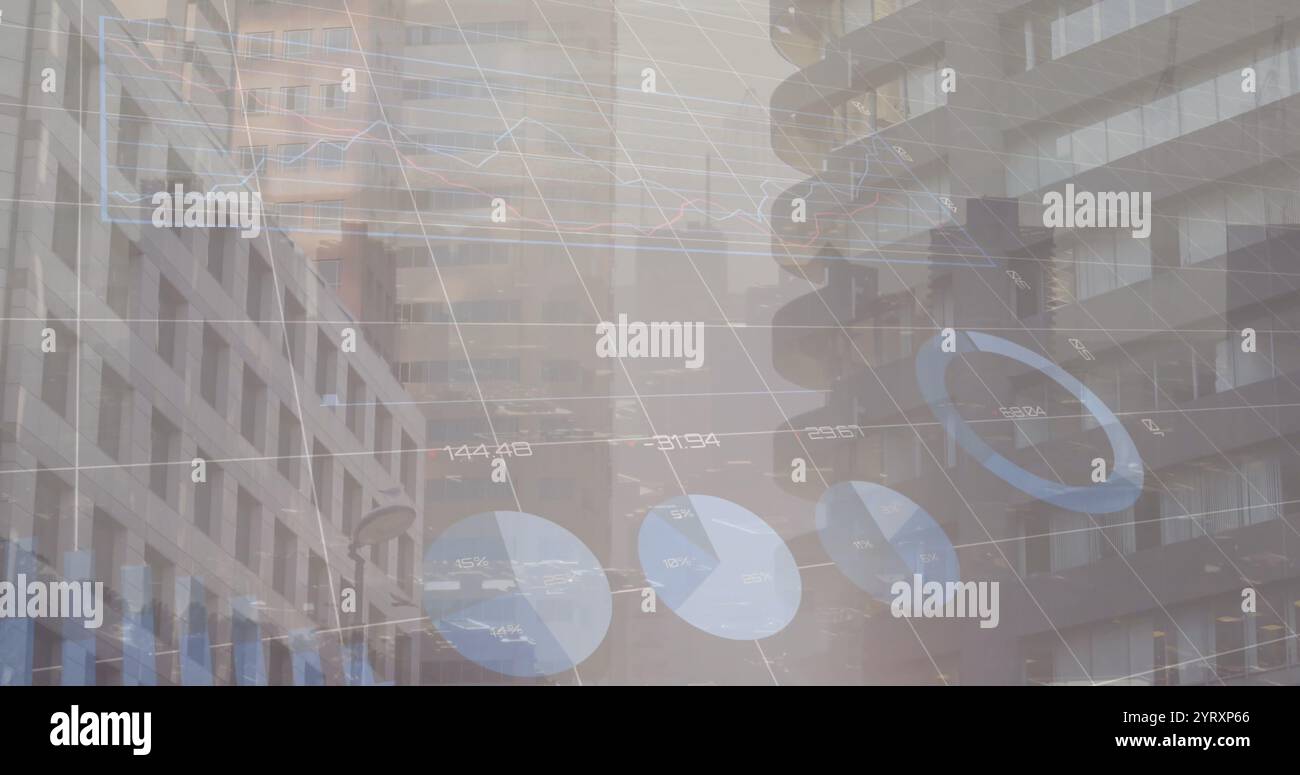 Image of charts processing data over cityscape Stock Photo - Alamy