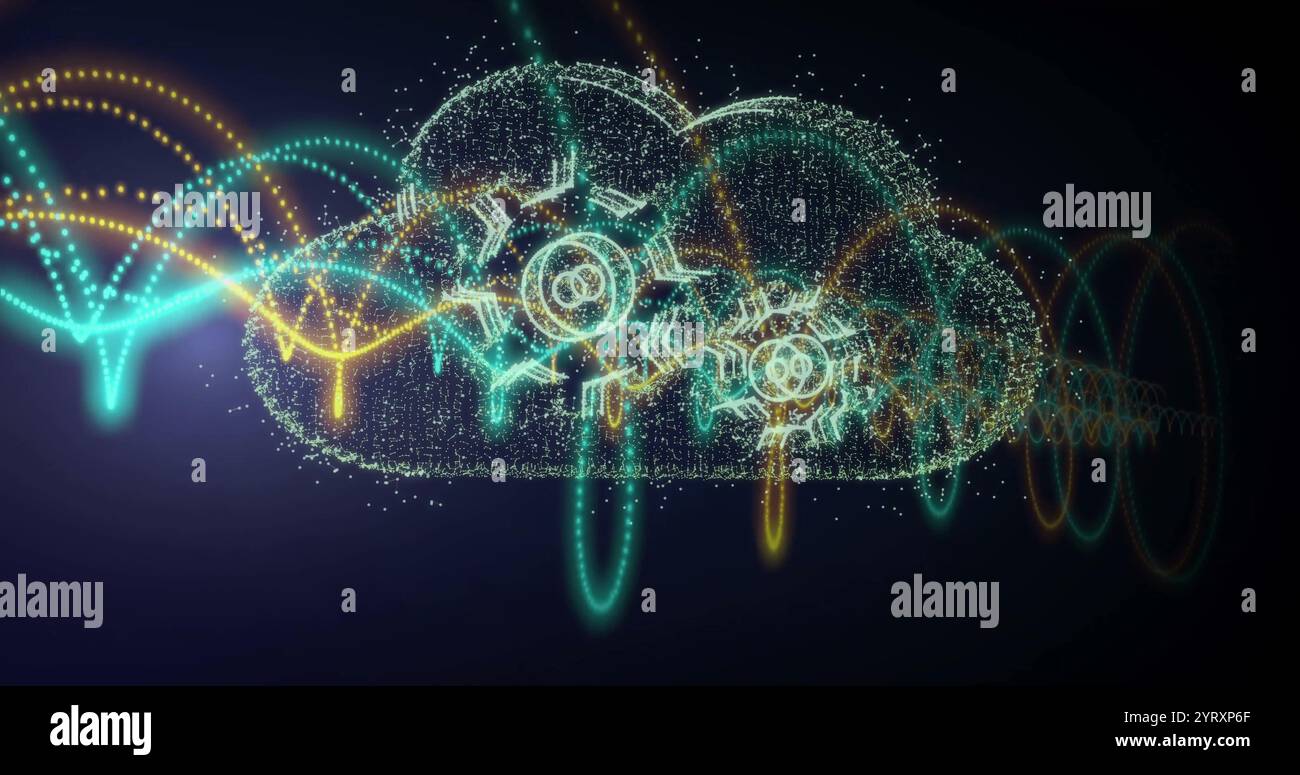Image of dna strand, cogs, cloud, light trails and data processing over ...