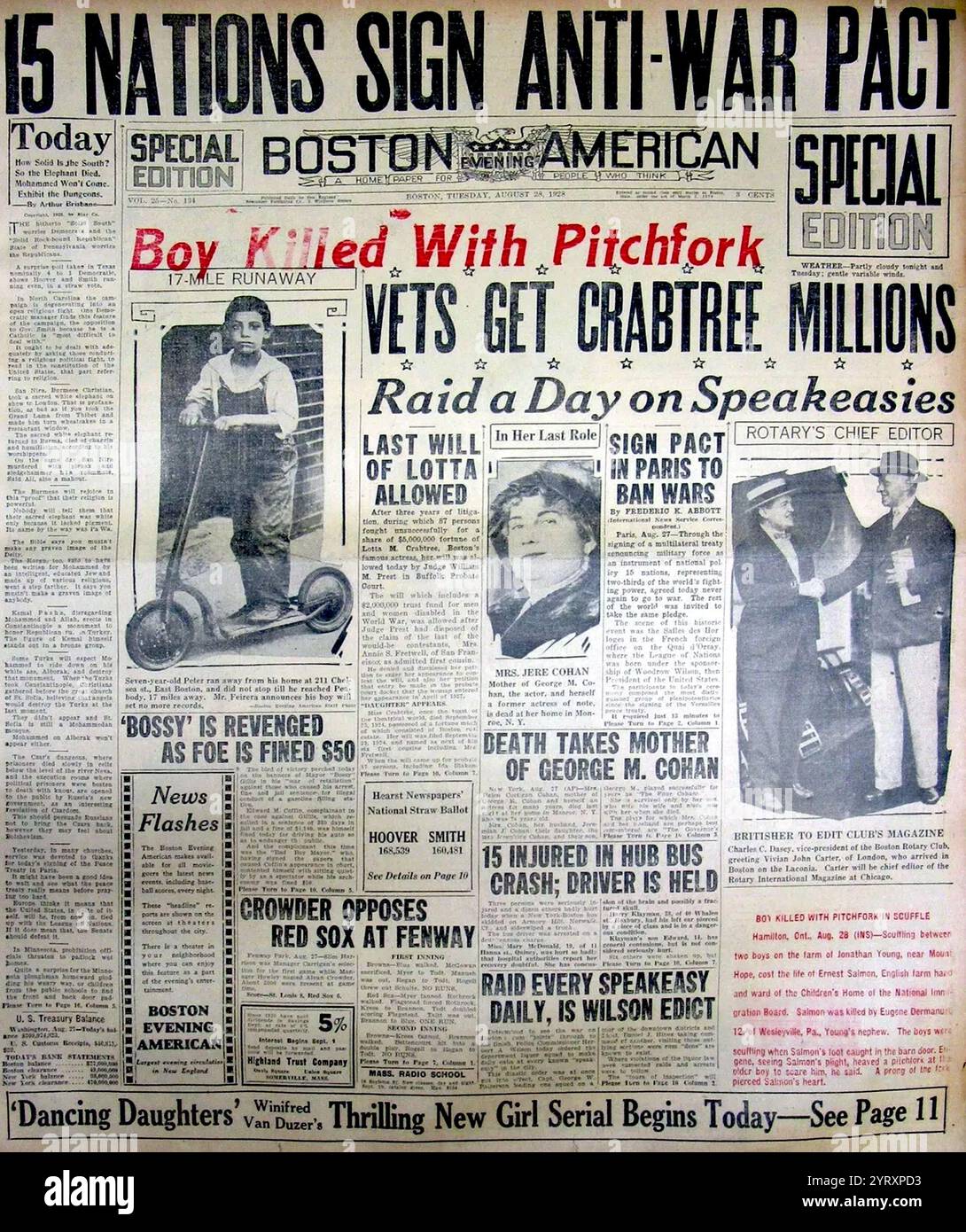 Newspaper reporting the conclusion of the 1928 Treaty for Renunciation ...