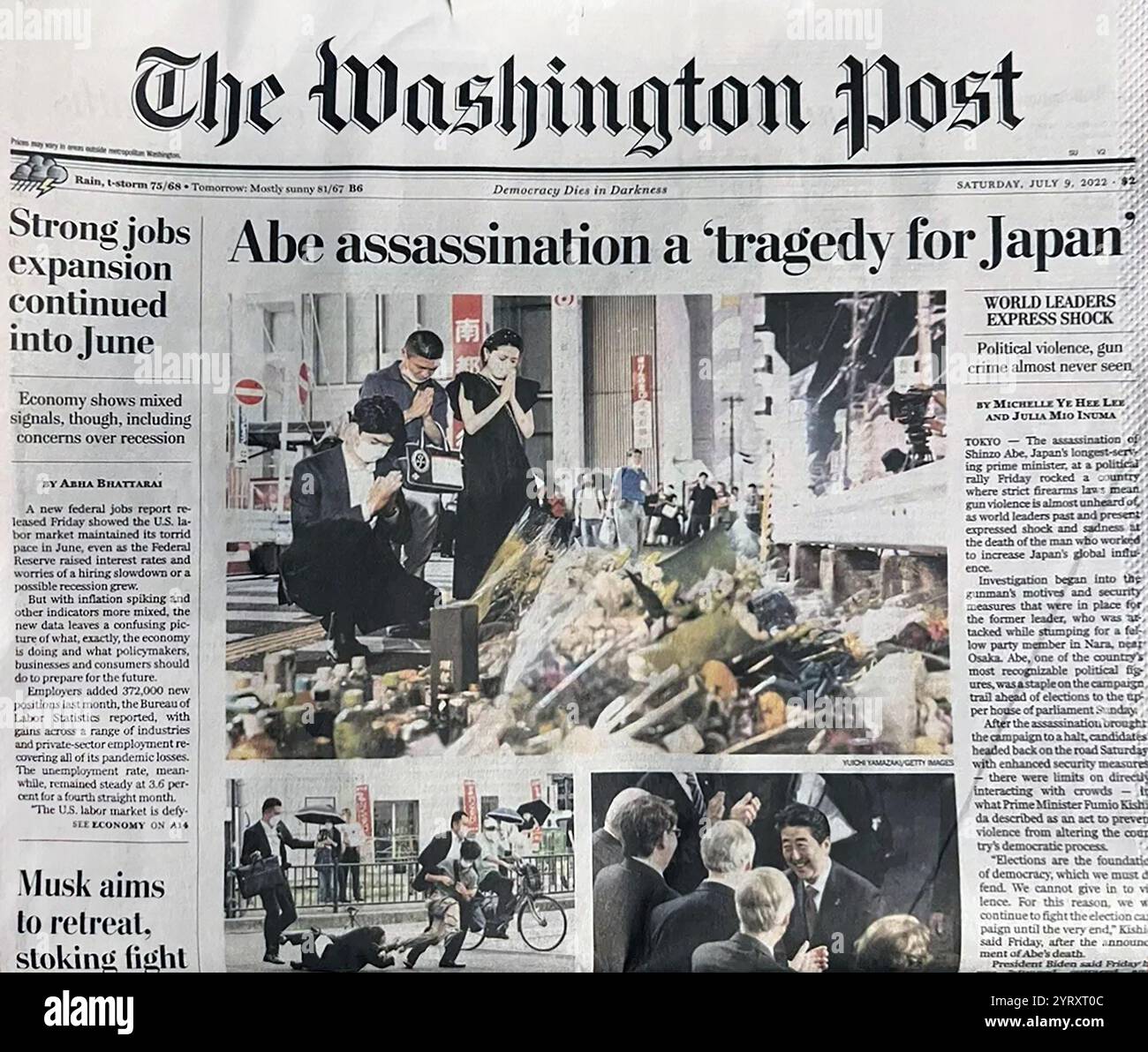 Washington Post coverage of the 8 July 2022, assassination of Shinzo ...