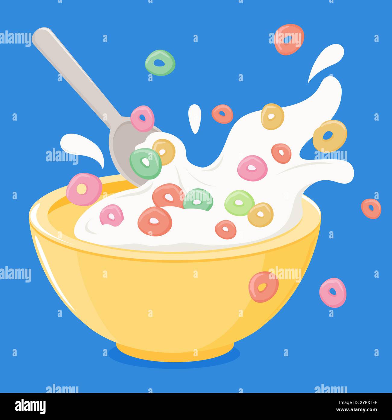 Bowl of colorful breakfast cereal, a spoon and milk spilling on the ...