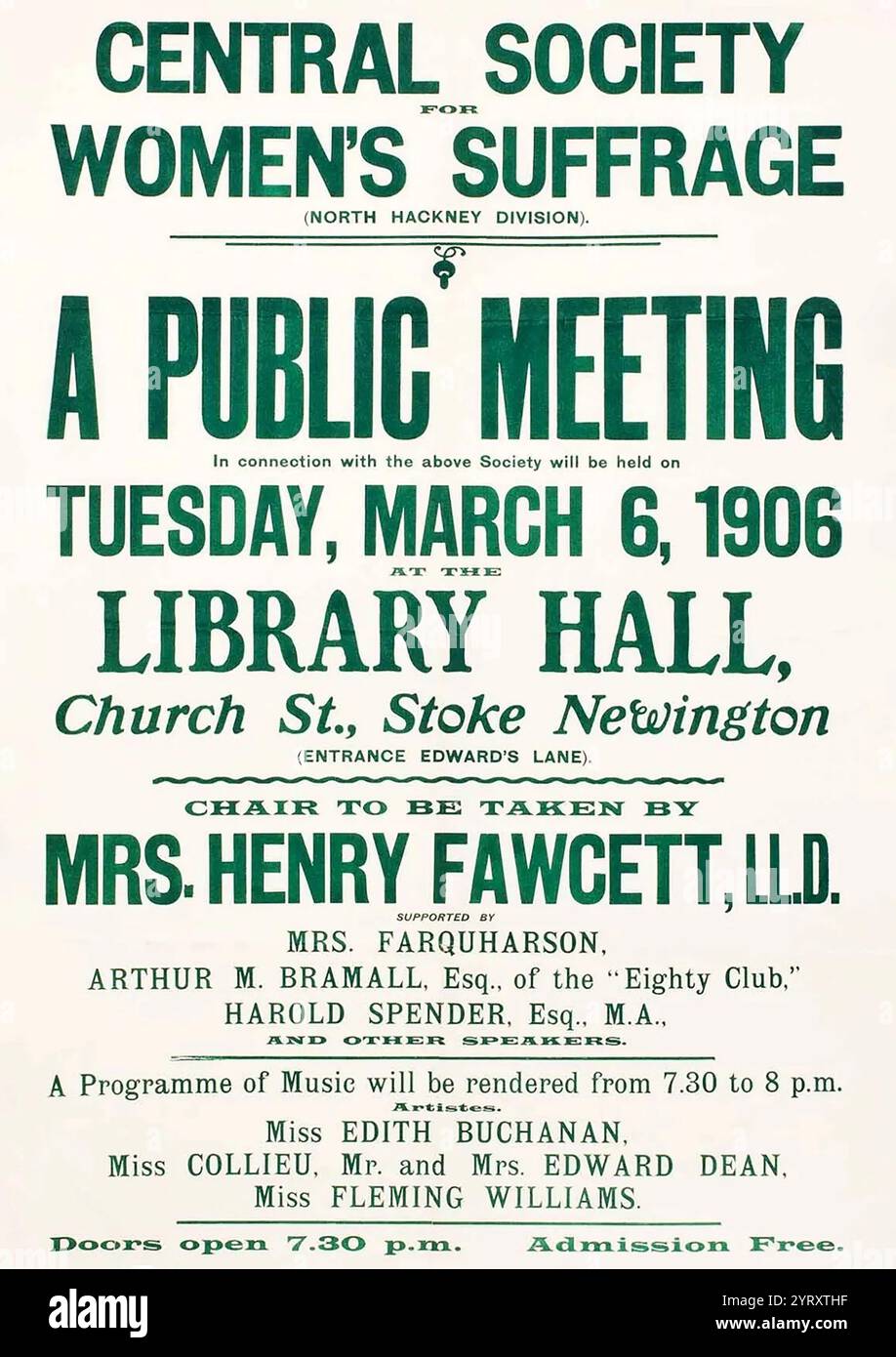 Poster announcing a women's Suffrage Meeting 1906 to be addressed by ...