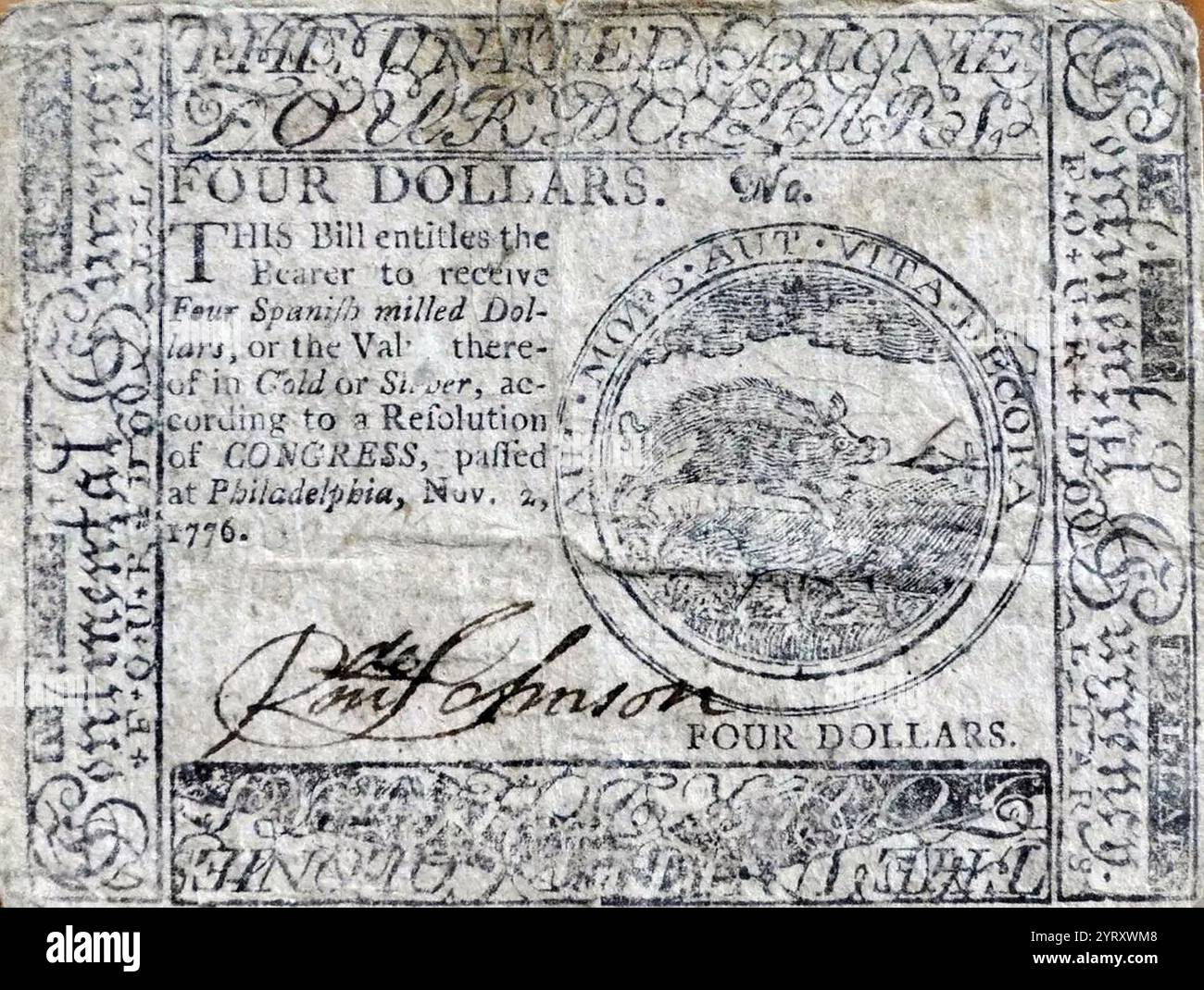 United Colonies, Four dollar note, 1776, early US Currency issued ...