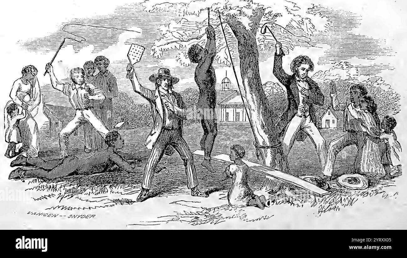 A white man is hitting a black slave with a paddle. The slave is tied ...