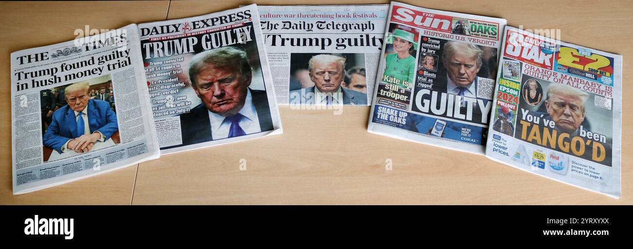May 2024. Newspaper headlines reporting on the 'Guilty Verdict' passed ...