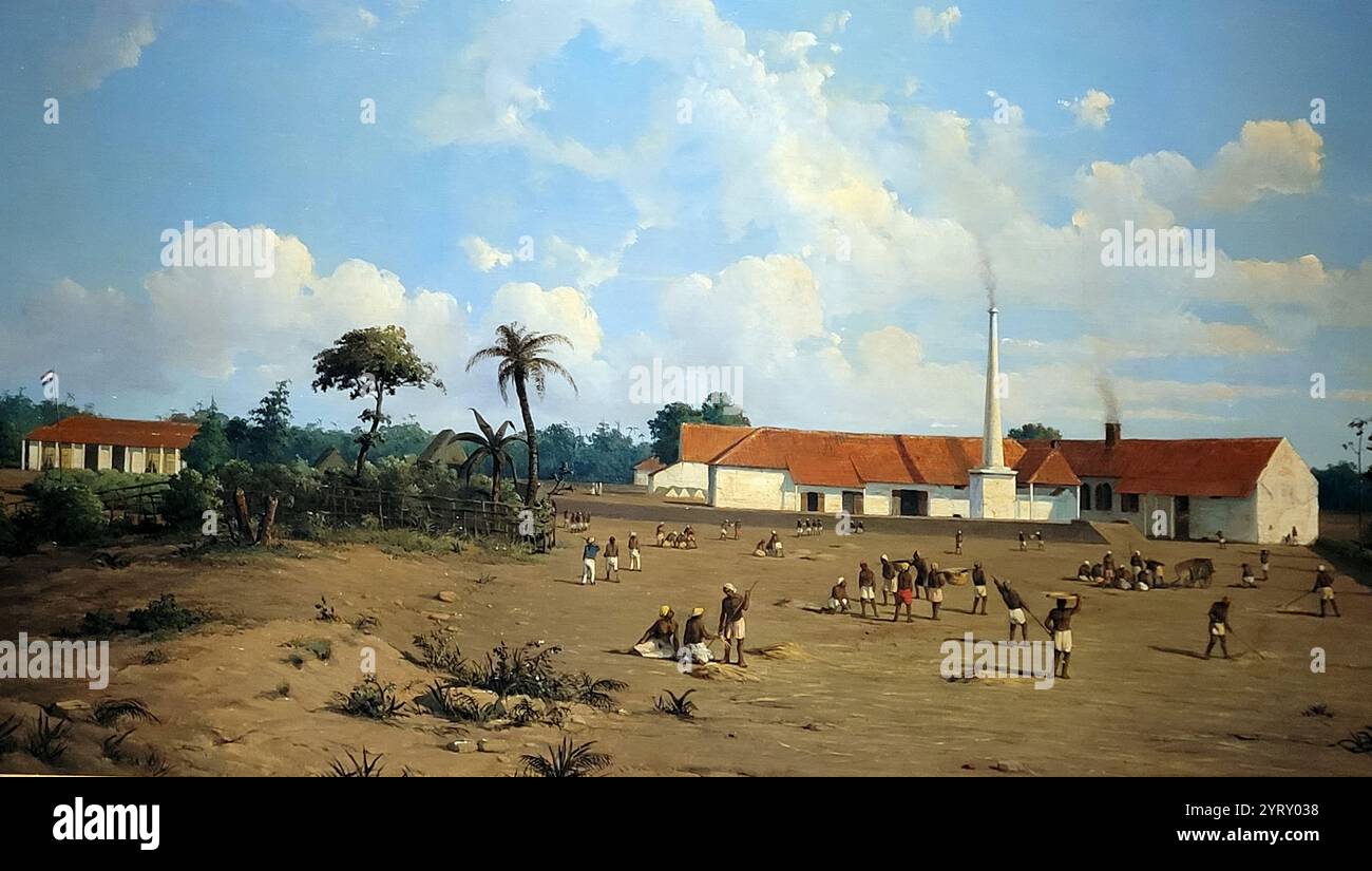 Painting of a Dutch colonial sugar factory on Java, Dutch East Indies ...