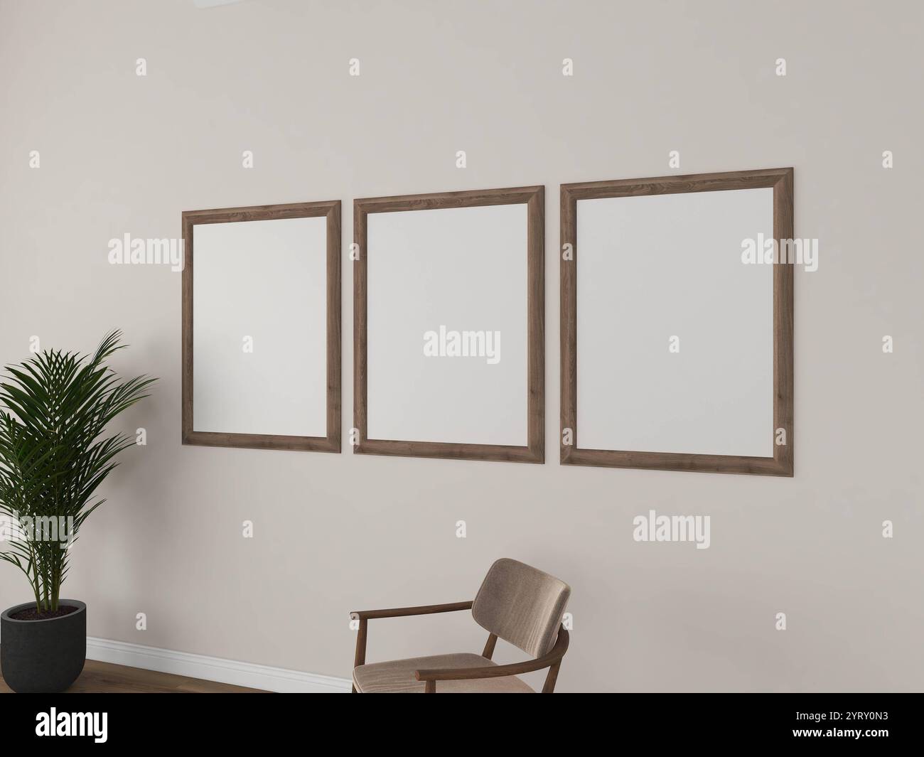 Three frames mockup on white wall, gallery wall art set in neutral and ...