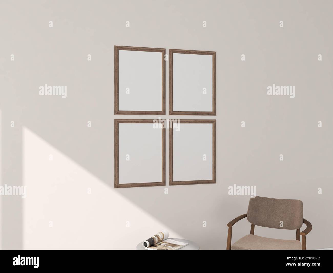 Four wooden frames mockup on white wall with natural light reflection ...