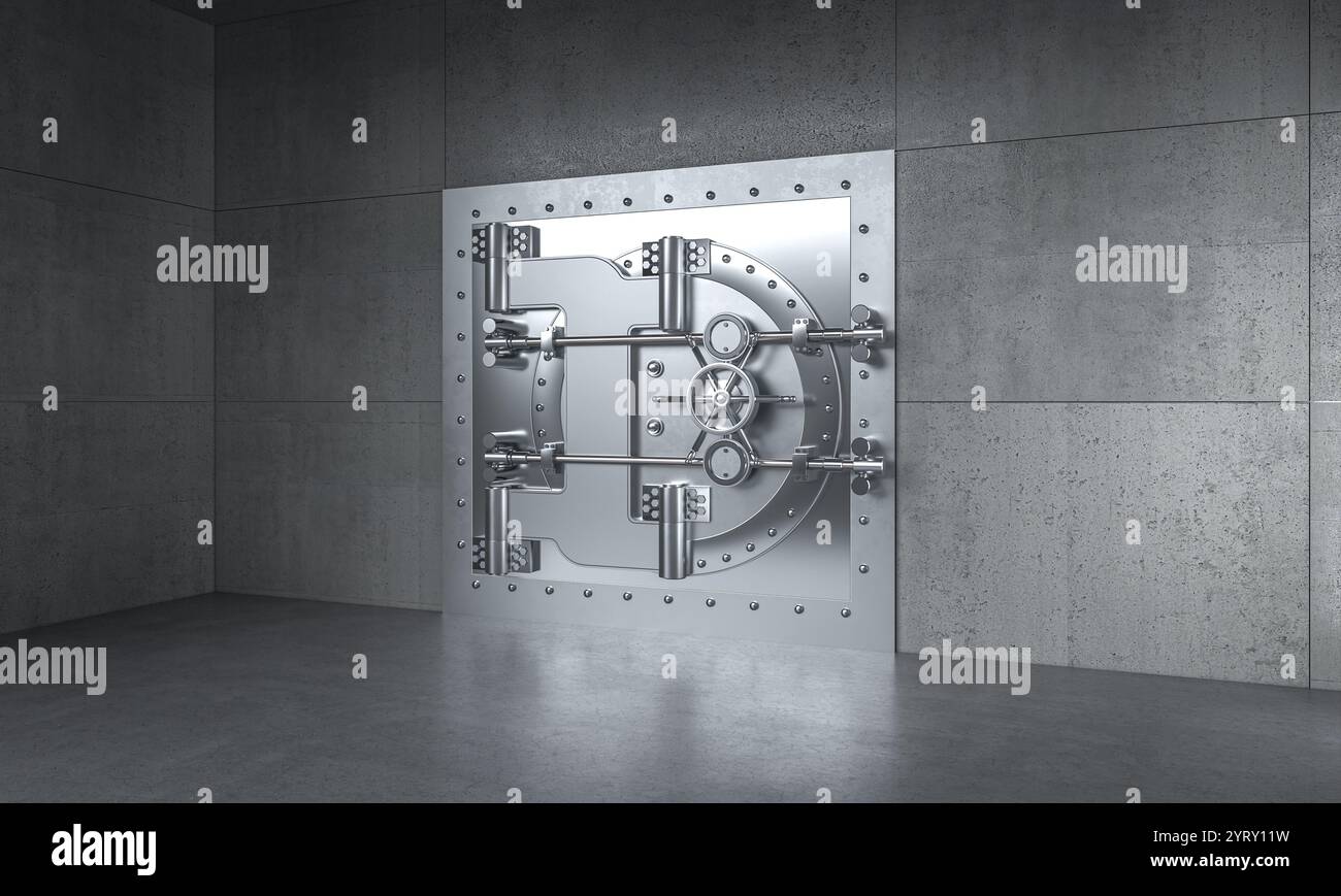 Steel solid bank vault door empty concrete room. 3d background Stock ...