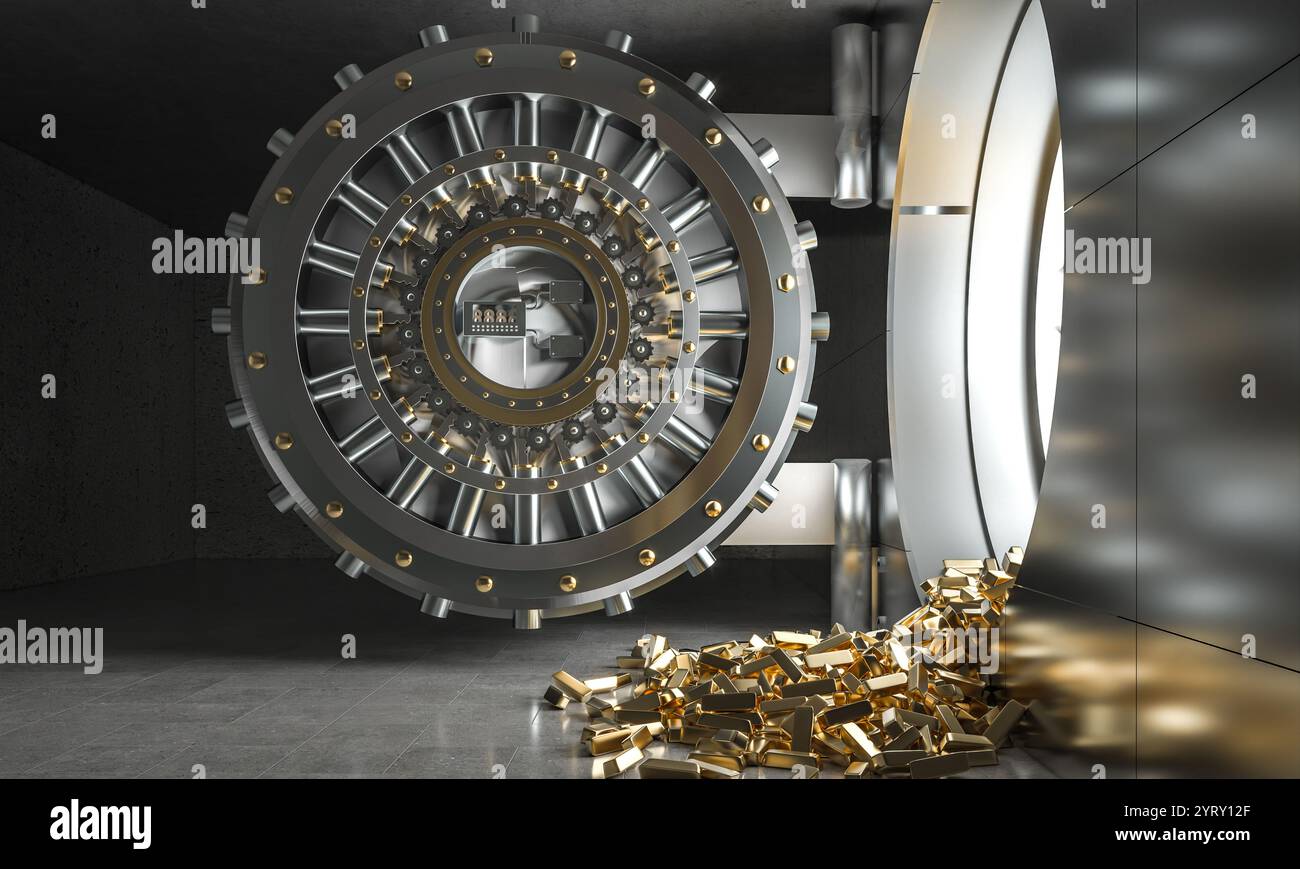 Open bank vault door with gold bars falling out 3d background Stock Photo - Alamy