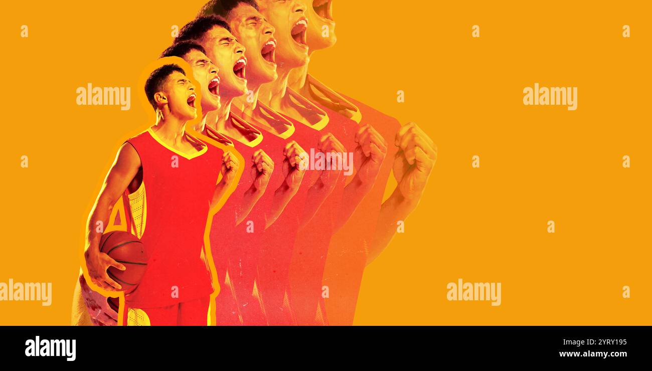 Basketball player shouting with passion, holding ball, set against bold ...