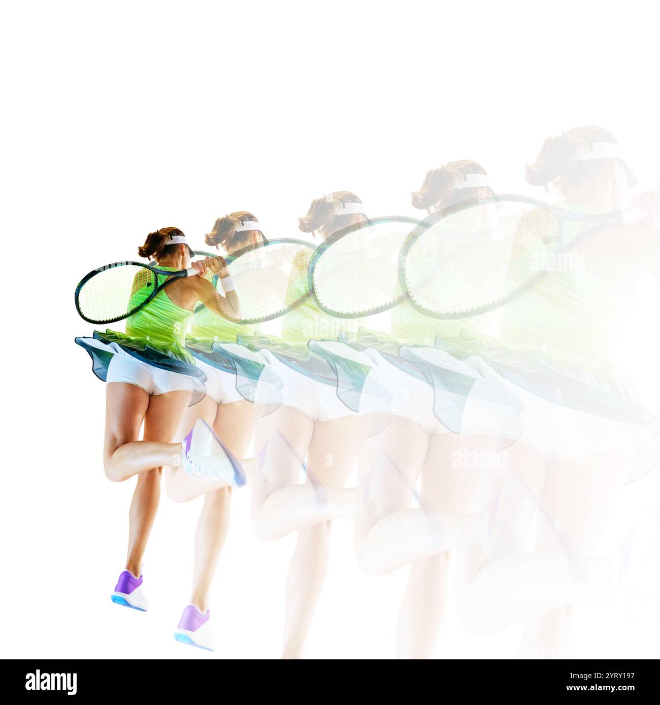 Female tennis player mid-swing with racquet, bright green and white ...