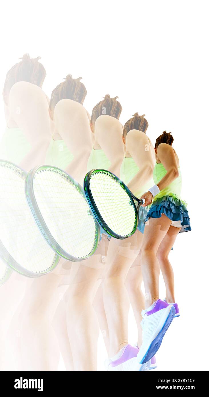 Tennis player swinging racquet in neon green outfit on white background ...