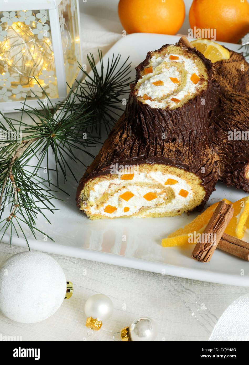 Buche de Noel. Traditional Christmas dessert. Christmas yule log cake ...