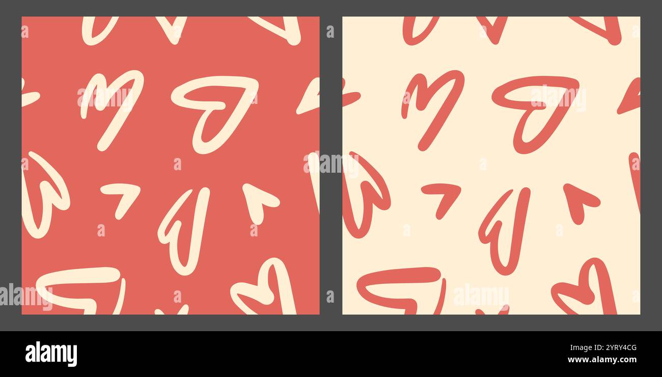 Hand drawn hearts seamless patterns set. Scribble and doodle style minimal textile print design ...