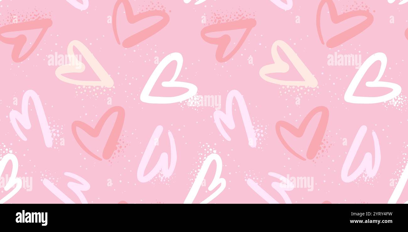 Hand drawn doodle hearts pastel pink seamless pattern. Cute baby girl ...