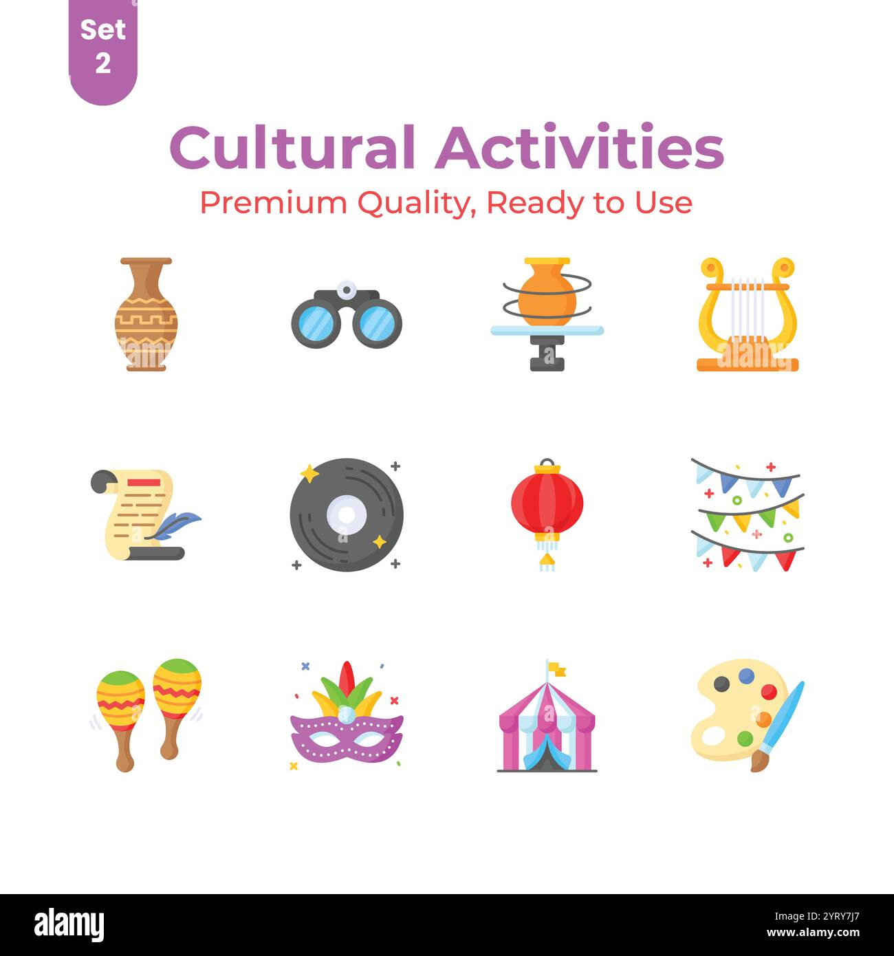 Well designed cultural activities icons set in modern style, premium ...