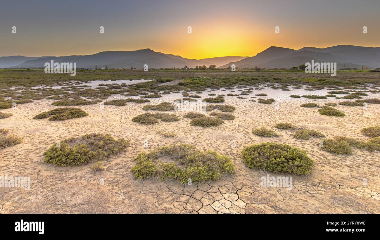 Sunrise over salt marsh estuary vegetation near Skala Kallonis on ...