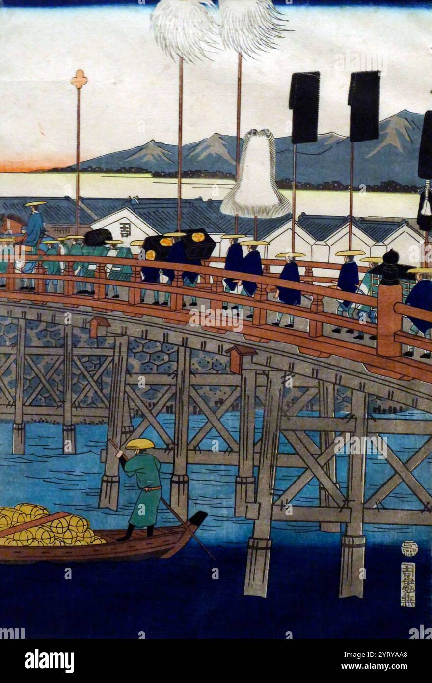 Procession at Nihonbashi Bridge. Colour woodblock print triptych. Edo ...
