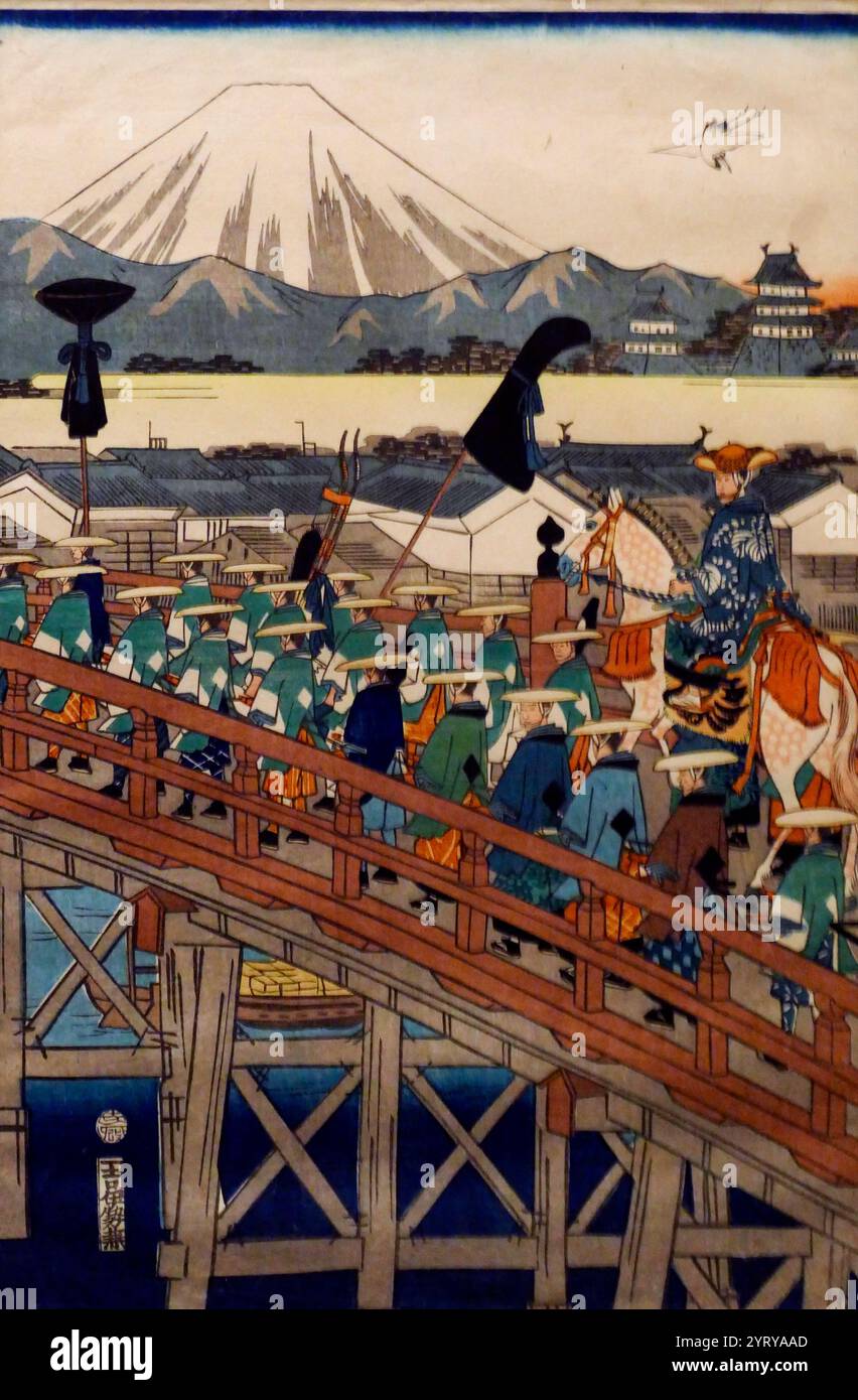 Procession at Nihonbashi Bridge. Colour woodblock print triptych. Edo ...