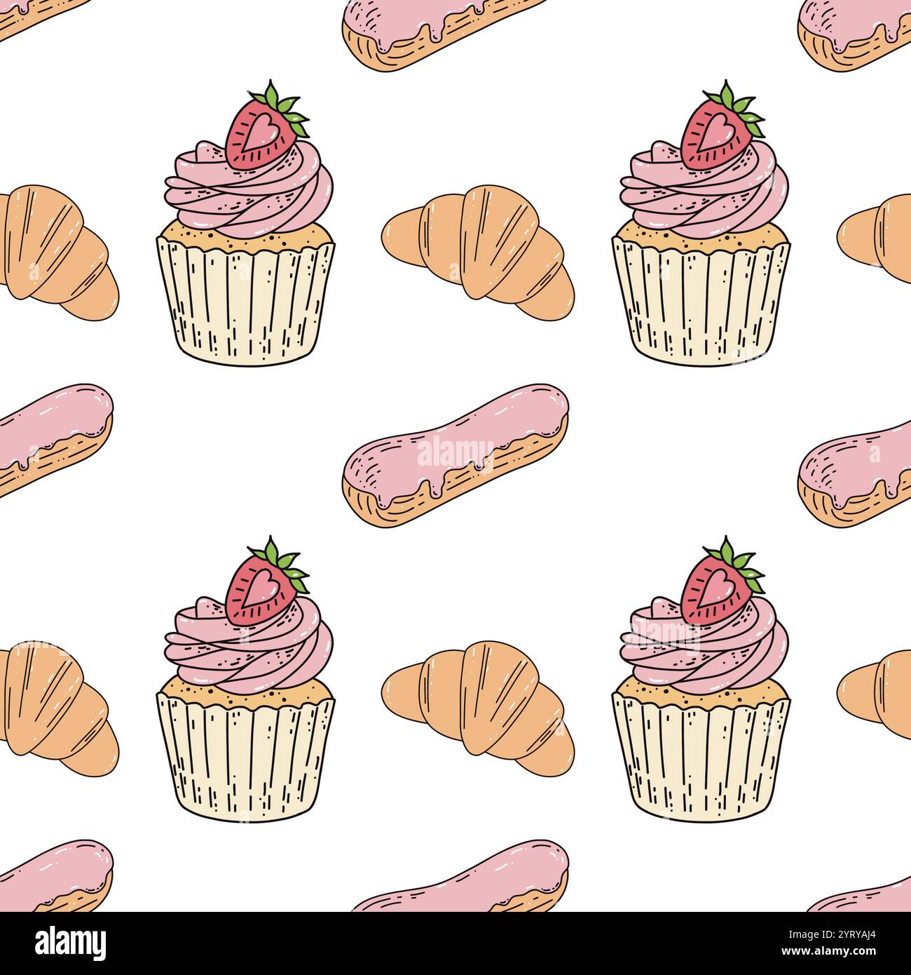 Cakes with cupcake, croissant, eclair seamless pattern on a white ...