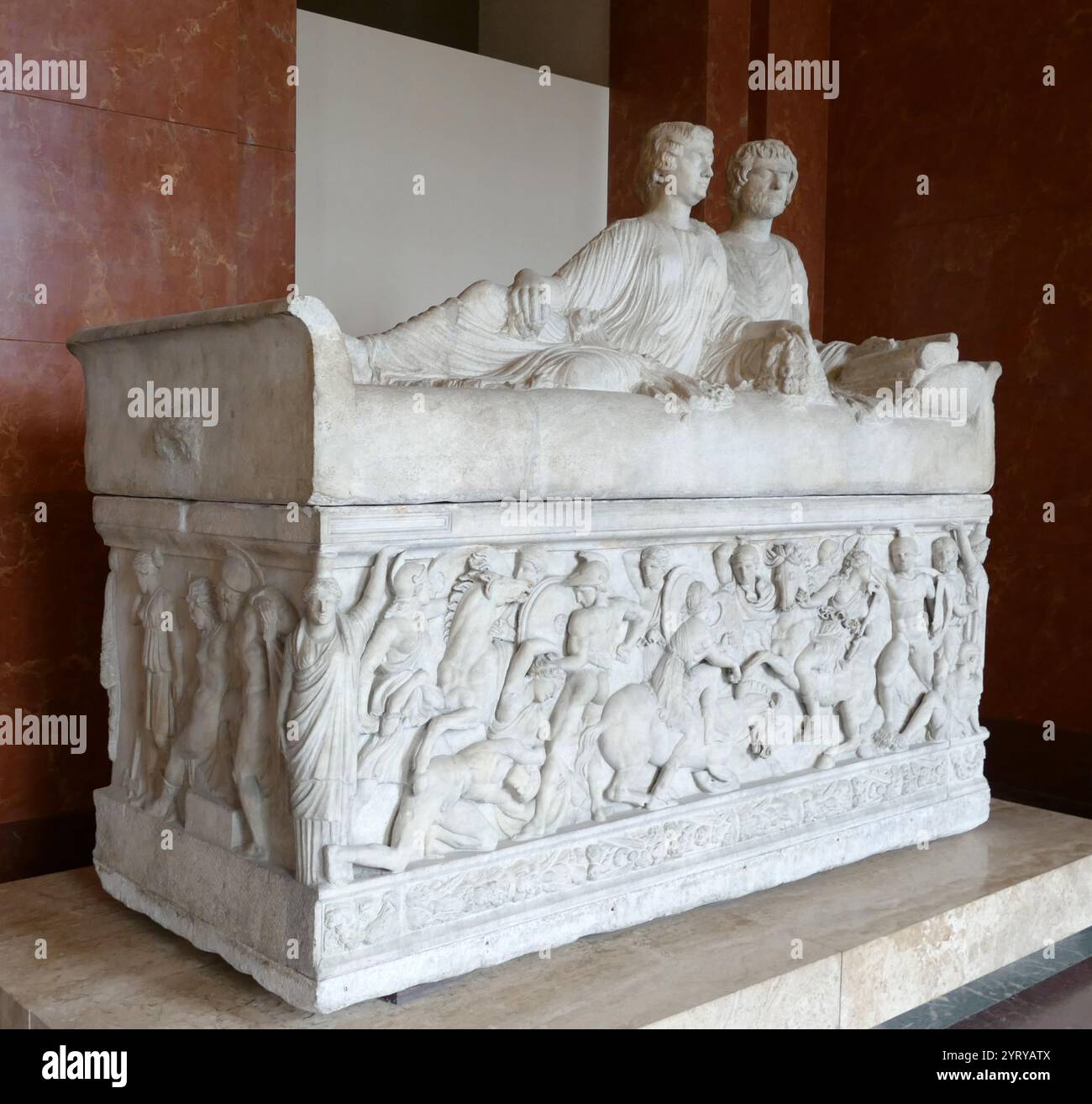 Roman-Greek sarcophagus with sculpture reliefs, representing classical ...