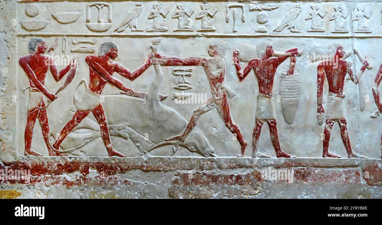 Painted Egyptian wall relief, from the Tomb of Princess Idut, King Unas ...