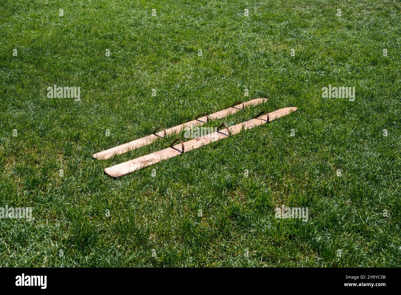 Wooden team-building skis on a grassy field under sunlight. Symbolizing ...