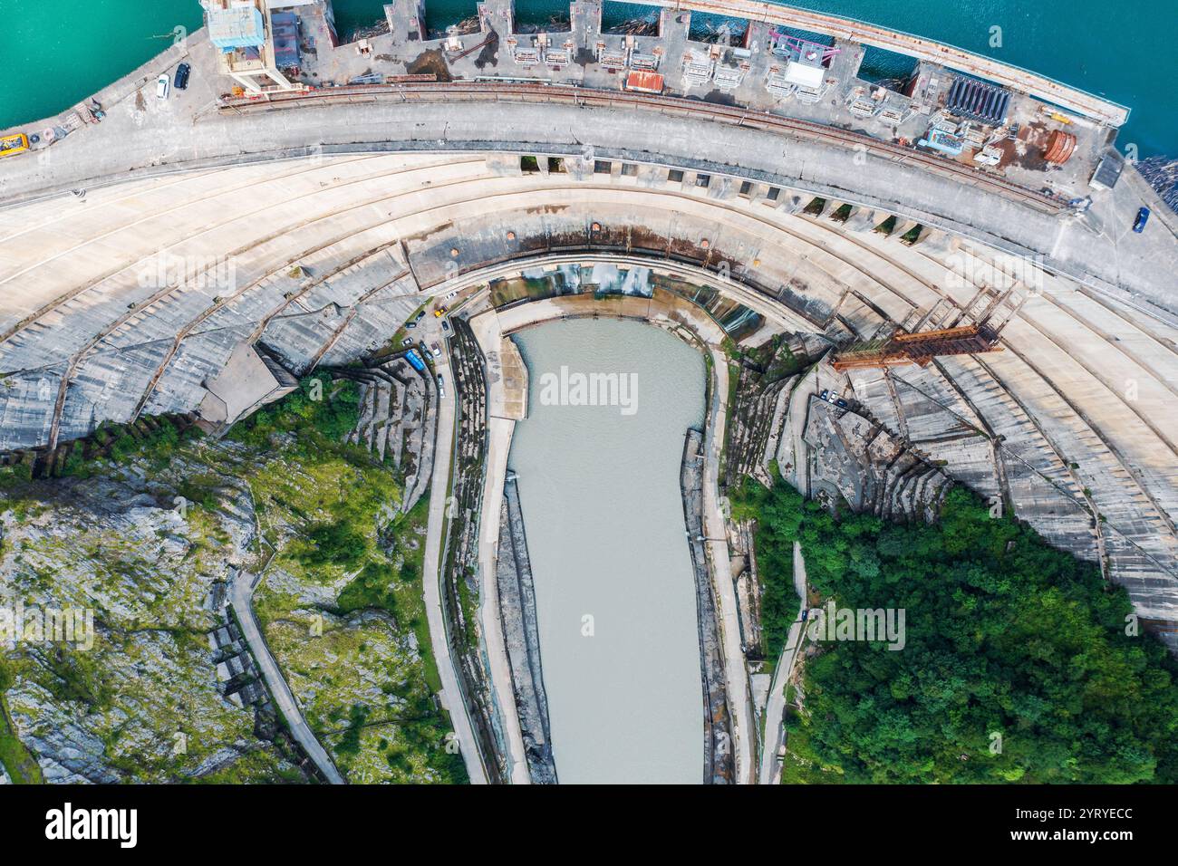 Aerial view of Enguri Dam in Georgia, architectural design, reservoir ...