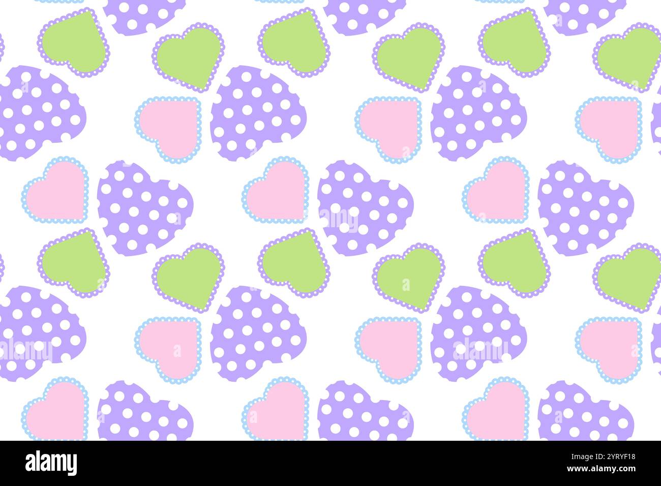 A seamless pattern featuring hearts with polka dots, lacy borders, and ...